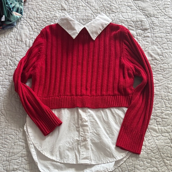 Zara | Shirts & Tops | Zara Red Sweater With White Collar | Poshmark